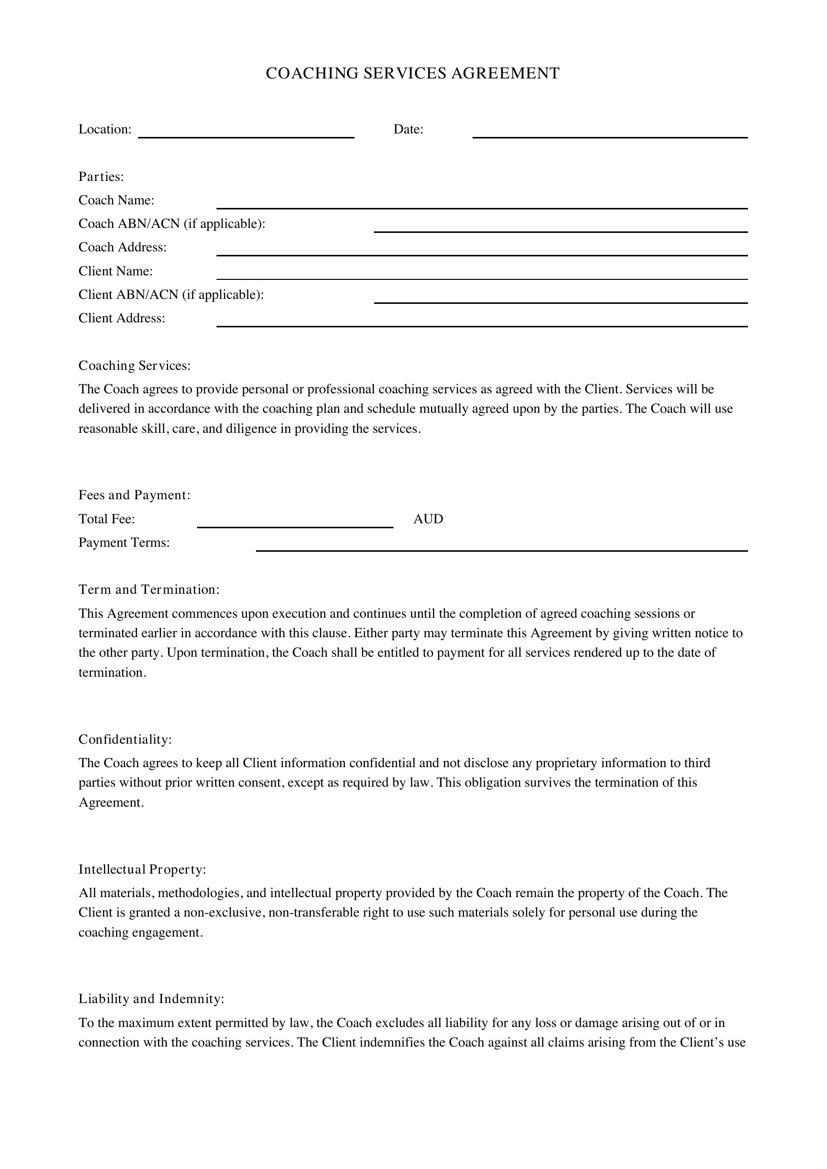 Coaching Contract Template - Australia