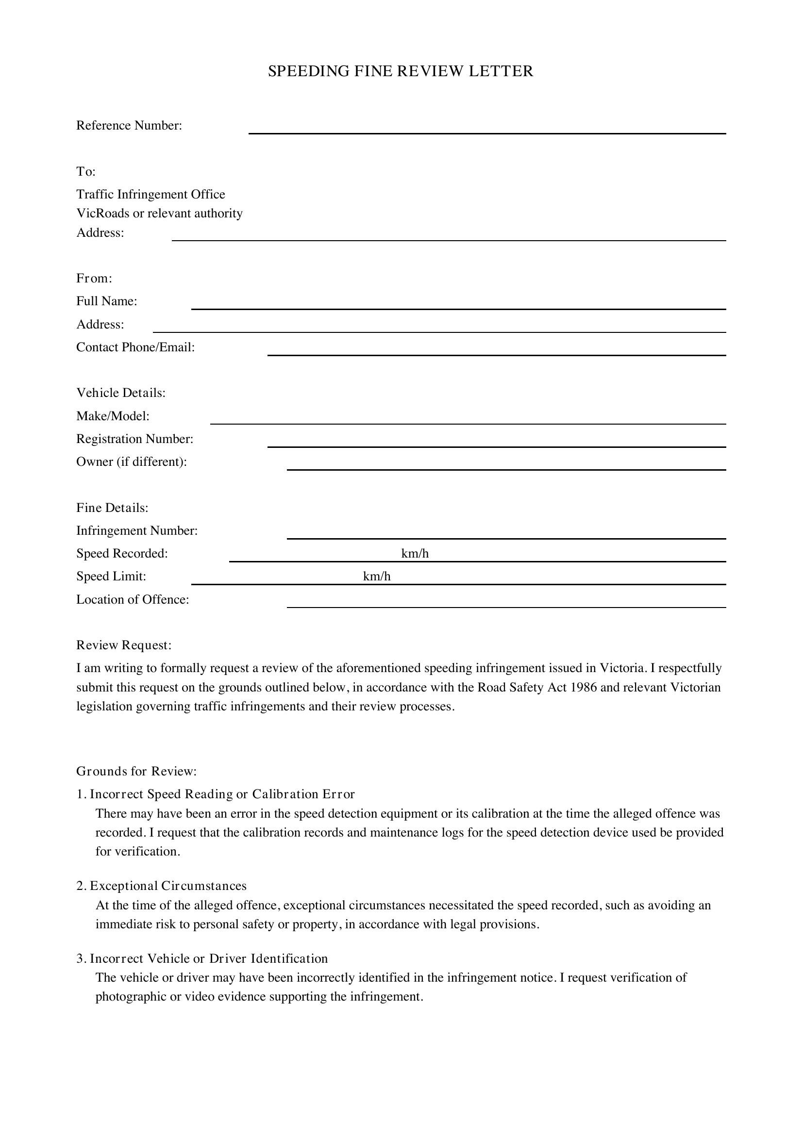 Speeding Fine Review Letter Victoria Template - Australia